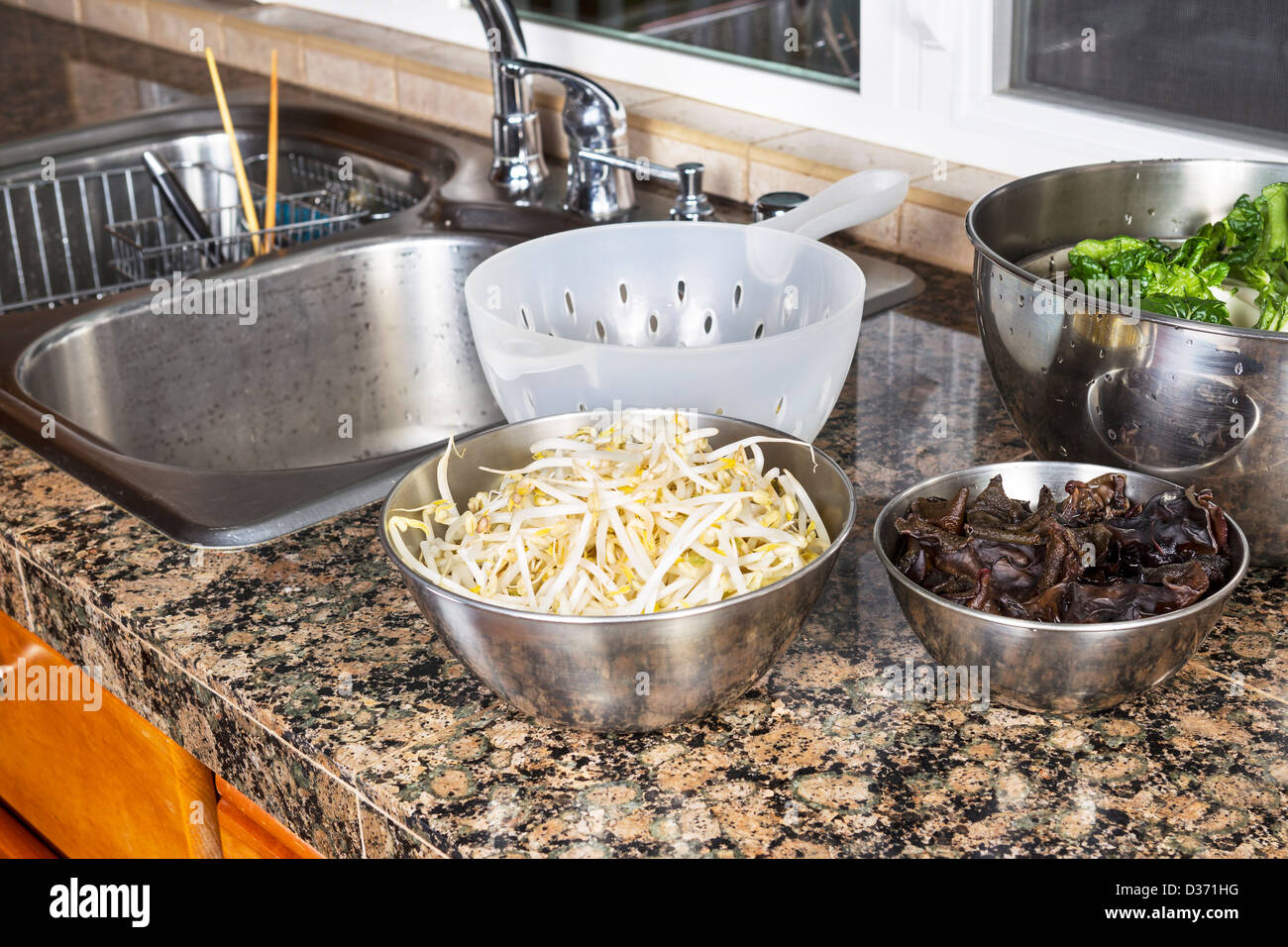 Bean sprouts, Chinese wood ears, and Choy on top of kitchen counter ...