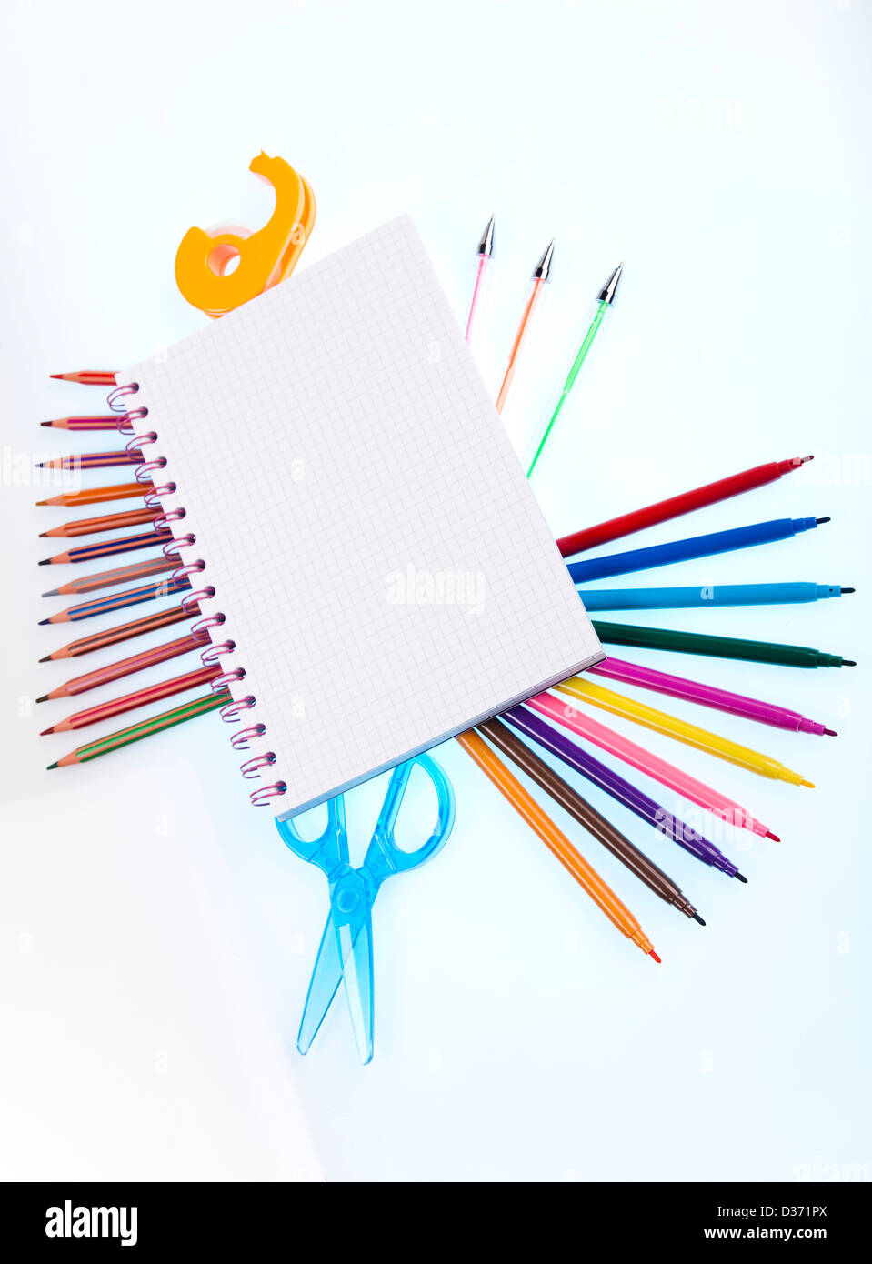 Back to school, Notepad with supplies and scissors Stock Photo - Alamy