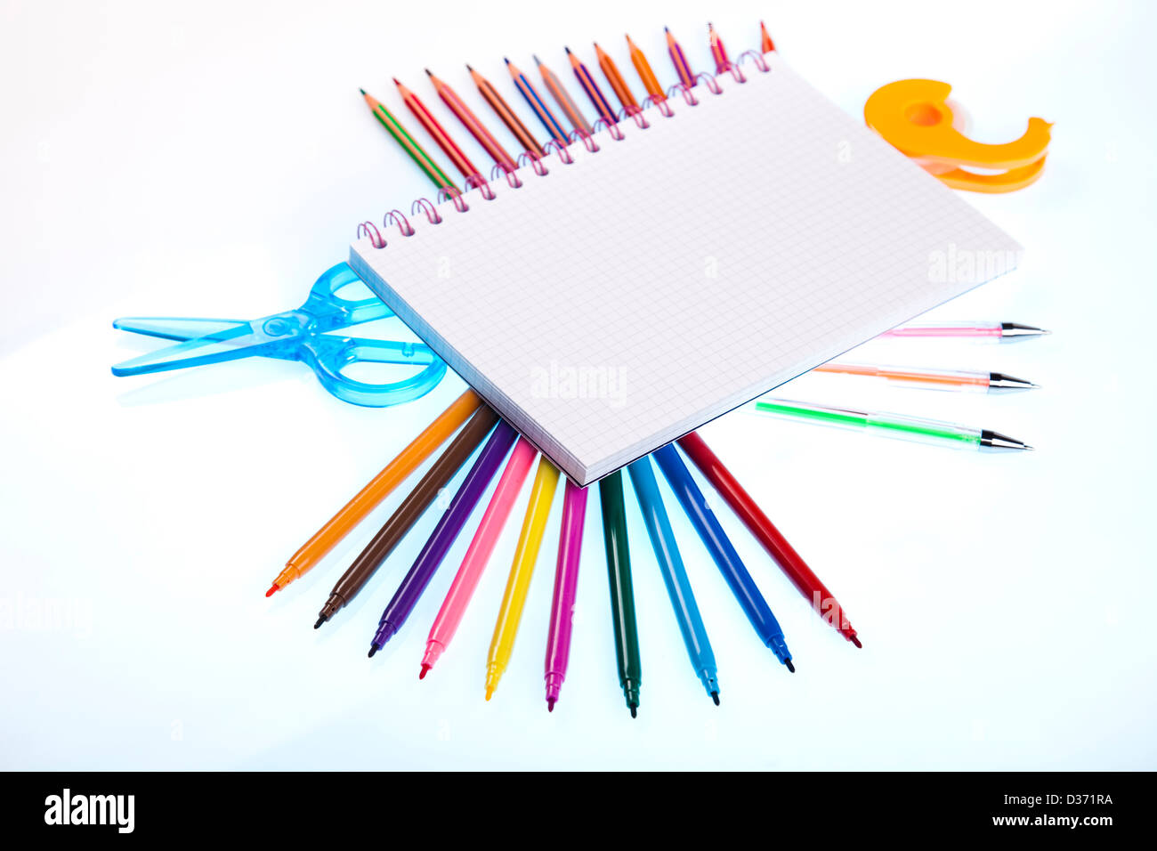 Back to school, Notepad with supplies and scissors Stock Photo - Alamy