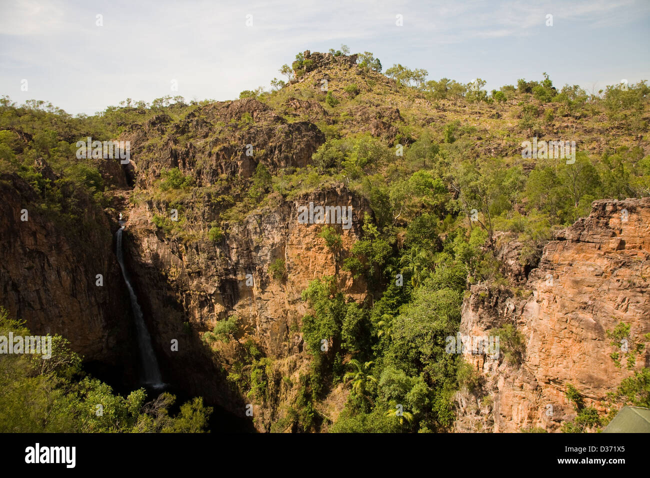 Tolmer Falls cascades over a high sandstone escarpment into a deep pool ...