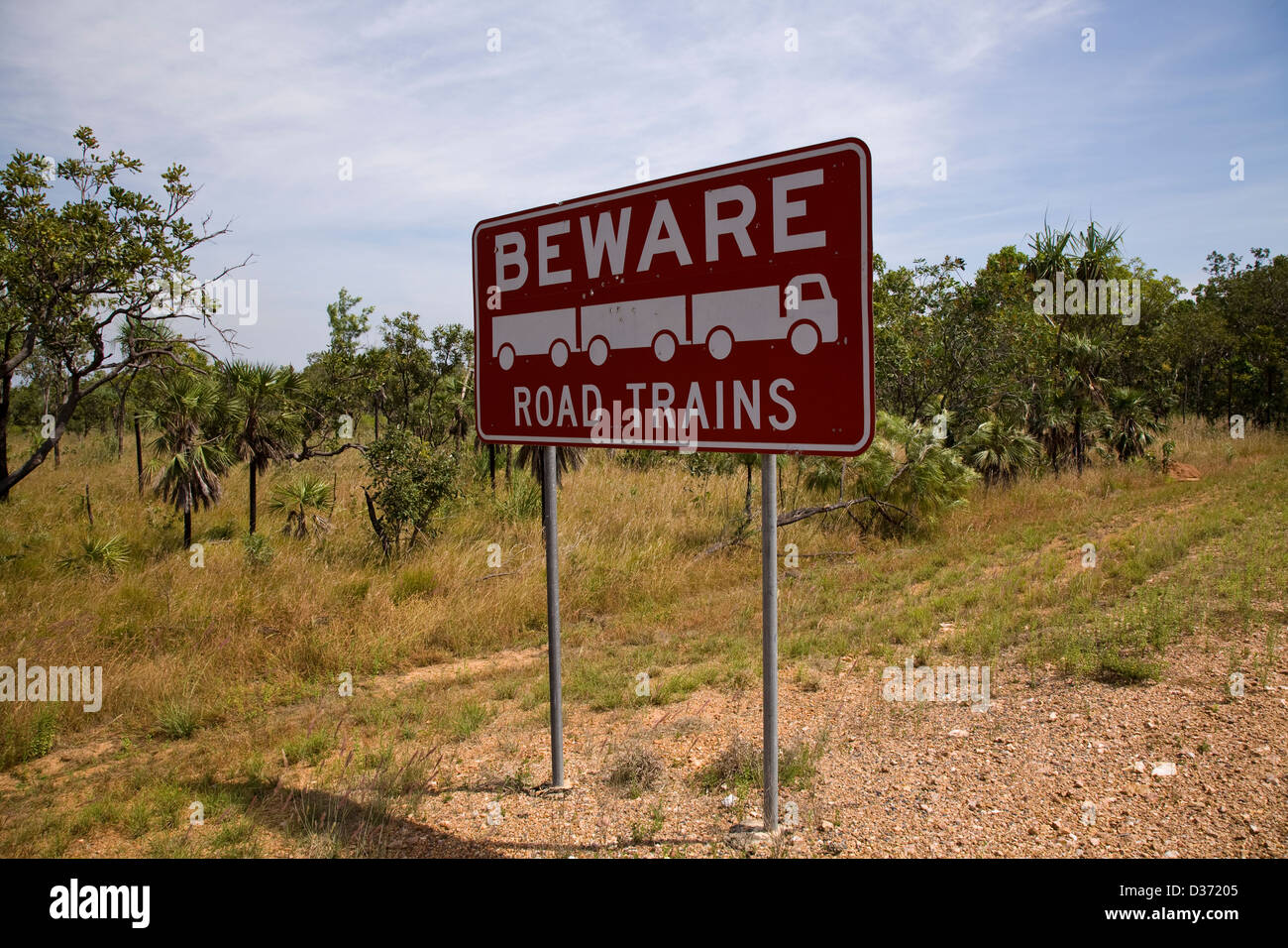 "Beware Road Trains," warning sign, Northern Territory, Australia Stock ...