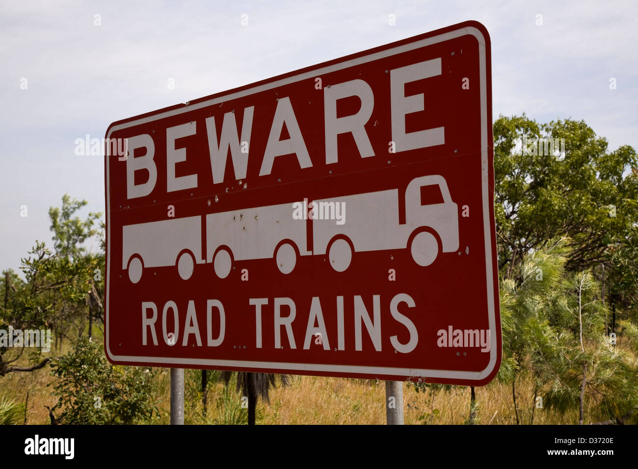 "Beware Road Trains," warning sign, Northern Territory, Australia Stock ...