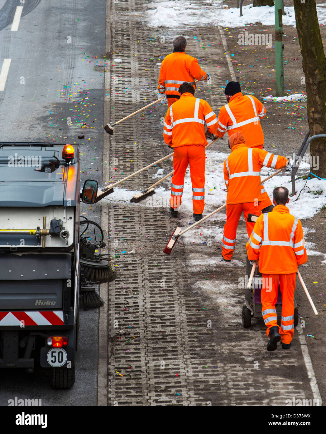 Municipal cleaning services, after a carnival parade, cleaning the ...