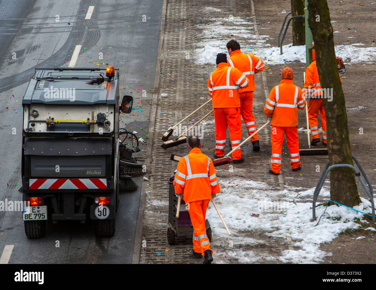 Municipal cleaning services, after a carnival parade, cleaning the ...
