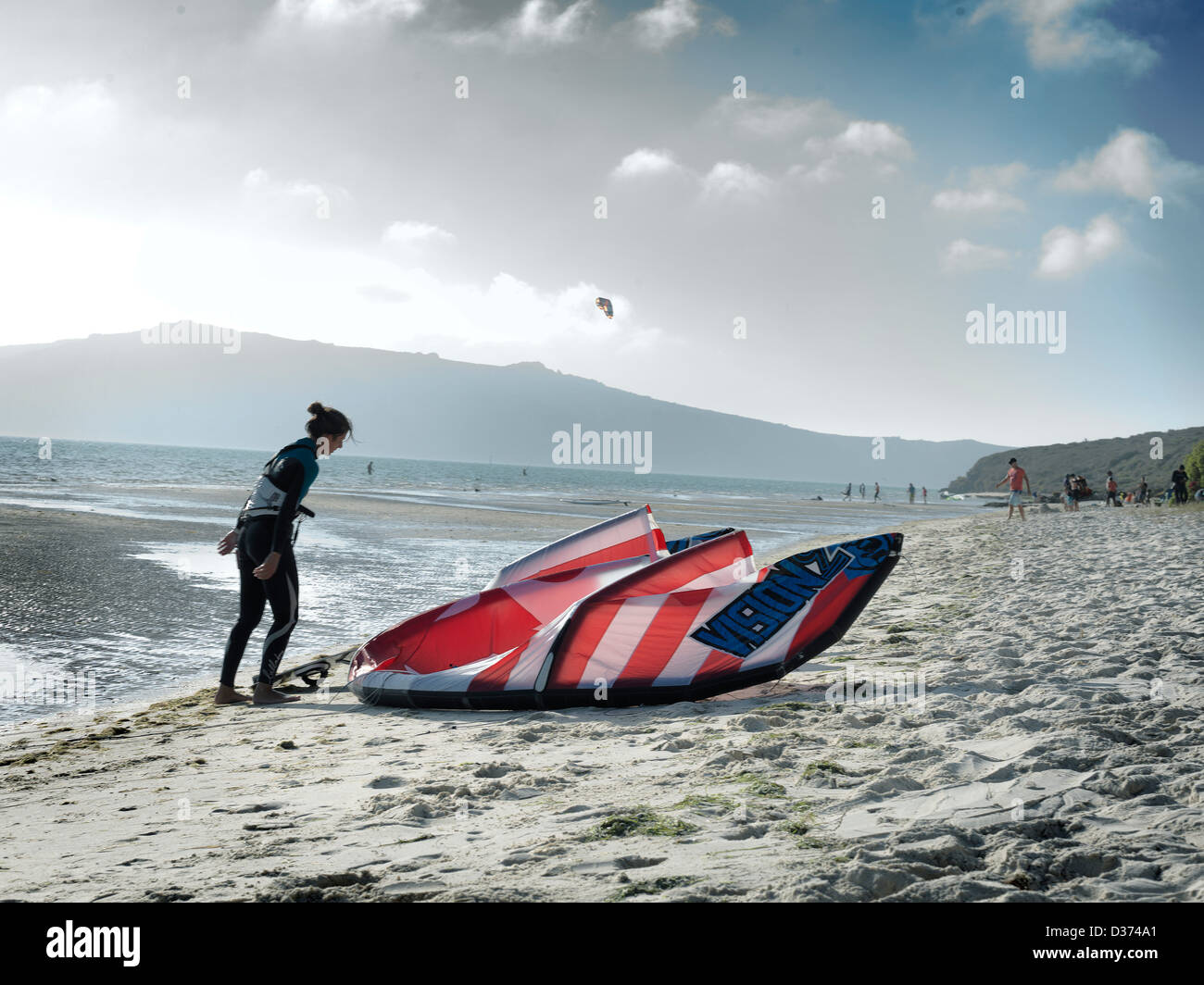 Kitesurfers at the lagoon at Langebaan, Western Cape enjoying their ...
