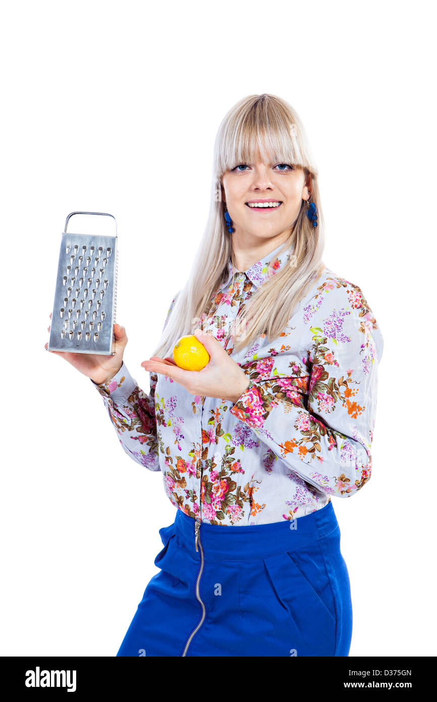 Beautiful girl with shredder isolated on white background Stock Photo ...