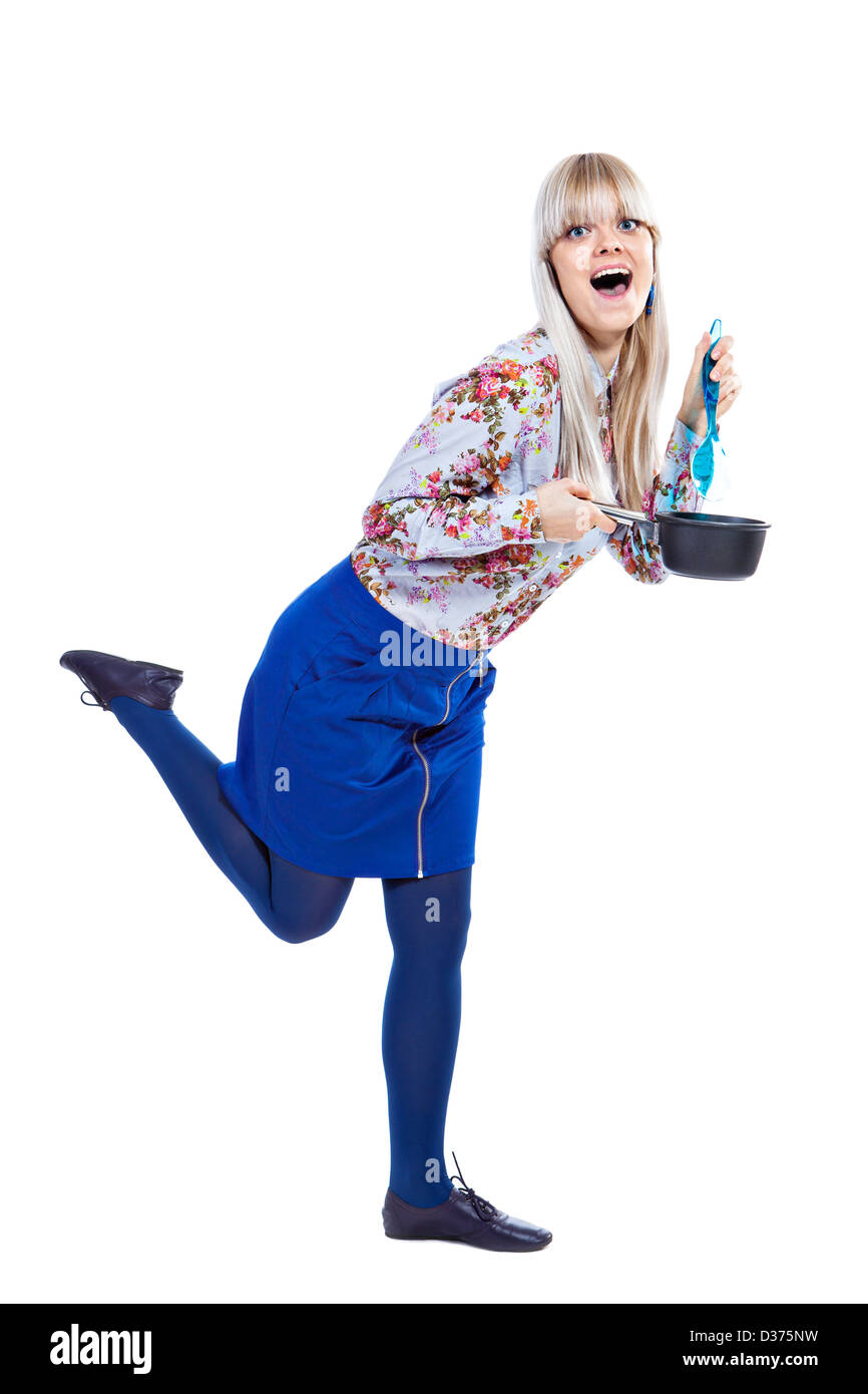 Beautiful girl holding pot and mixing it isolated on white background ...