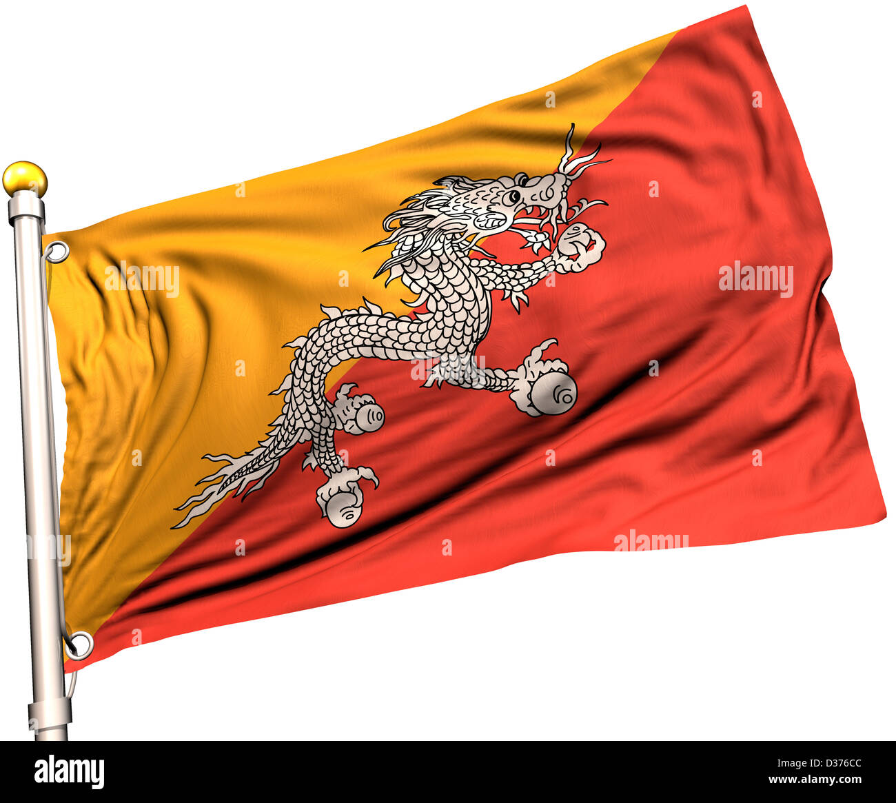 Bhutan flag on a flag pole. Clipping path included. Silk texture ...