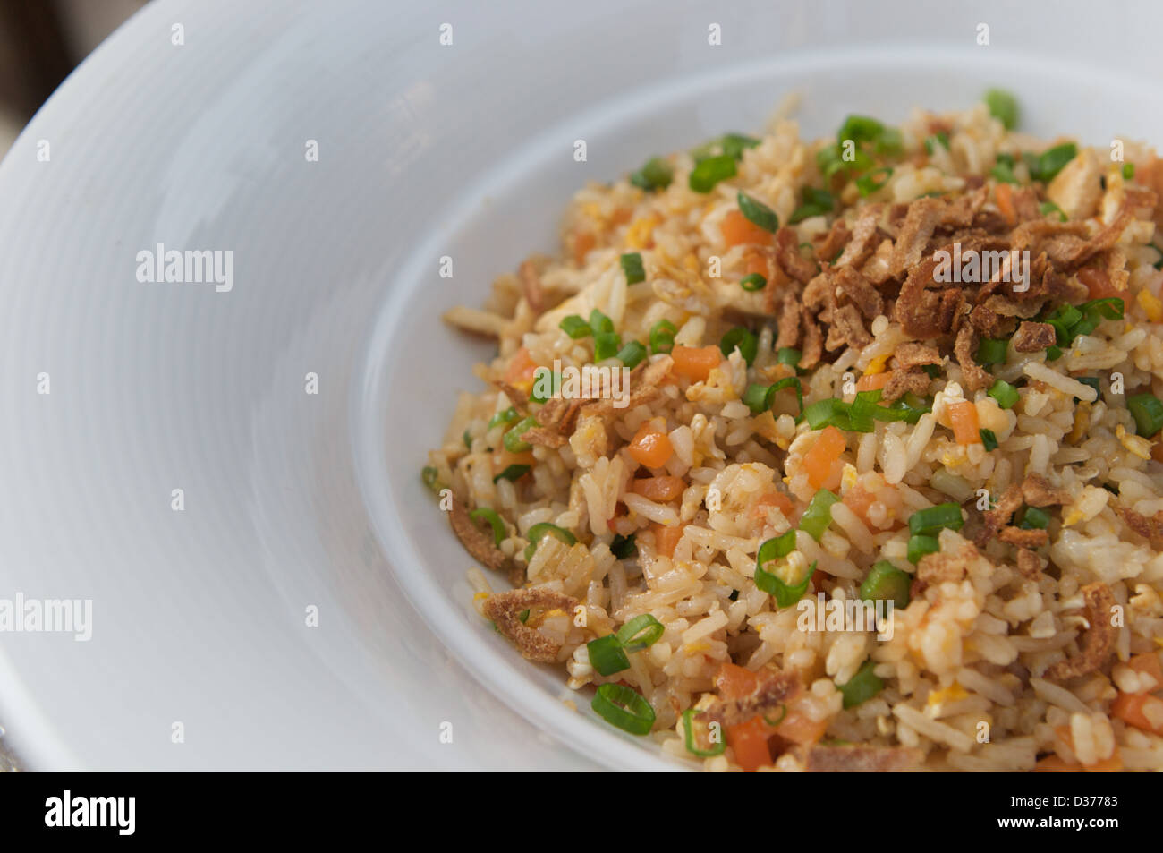 Chicken fried rice with chili and crispy fried onions served in a white ...