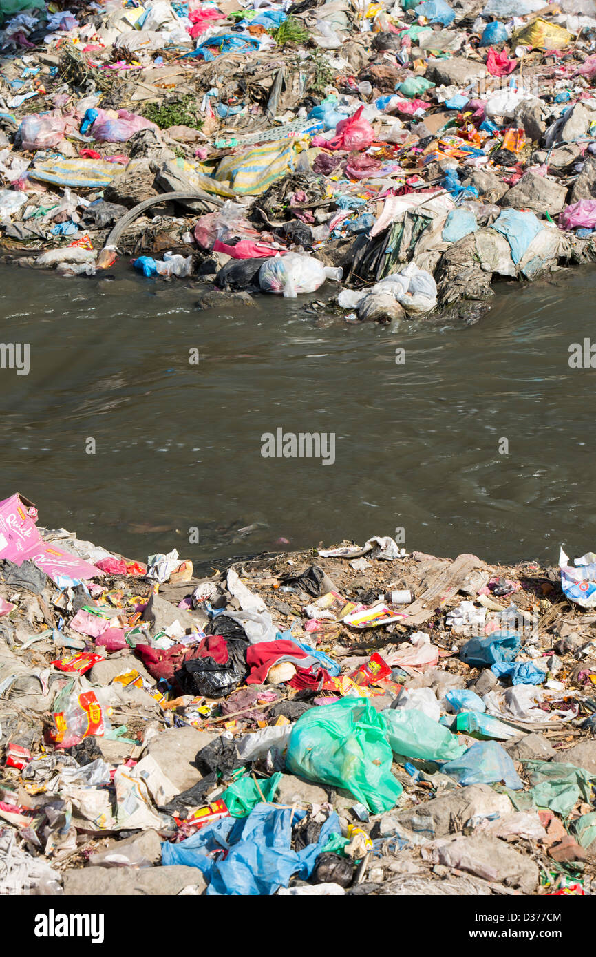 The Bagmati river running through Kathmandu in Nepal. The river is full ...