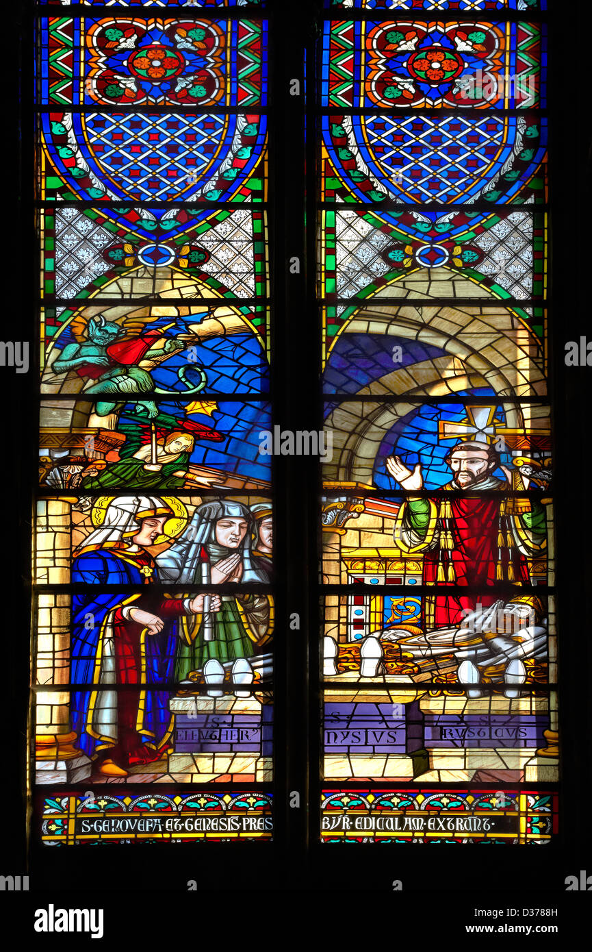 Medieval Gothic stained glass window showing scenes from the Martyrdom ...