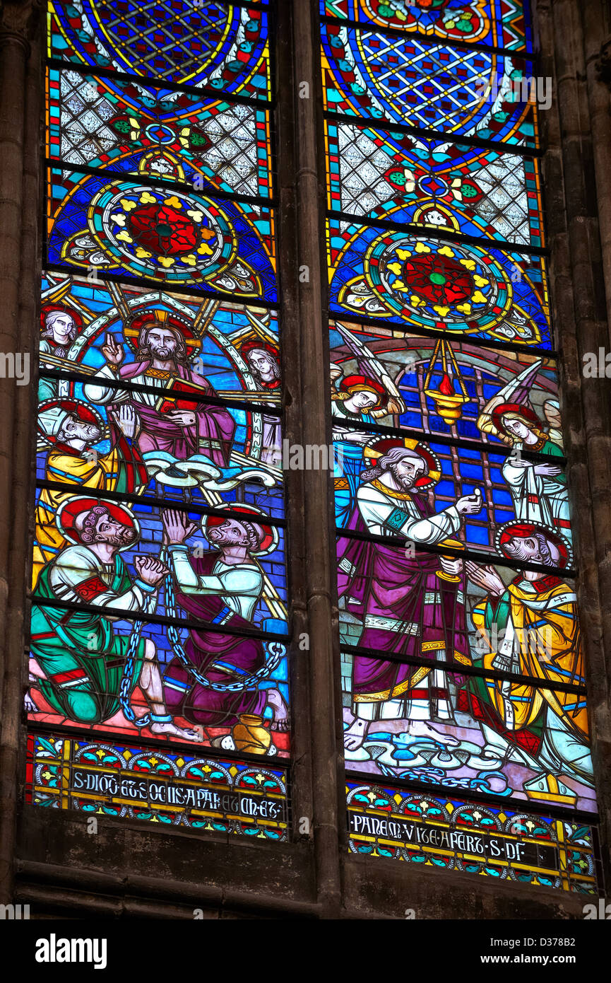 Medieval Gothic stained glass window showing scenes from the Martyrdom ...