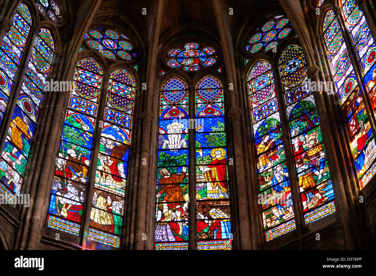 Medieval Gothic stained glass window showing scenes from the Martyrdom ...