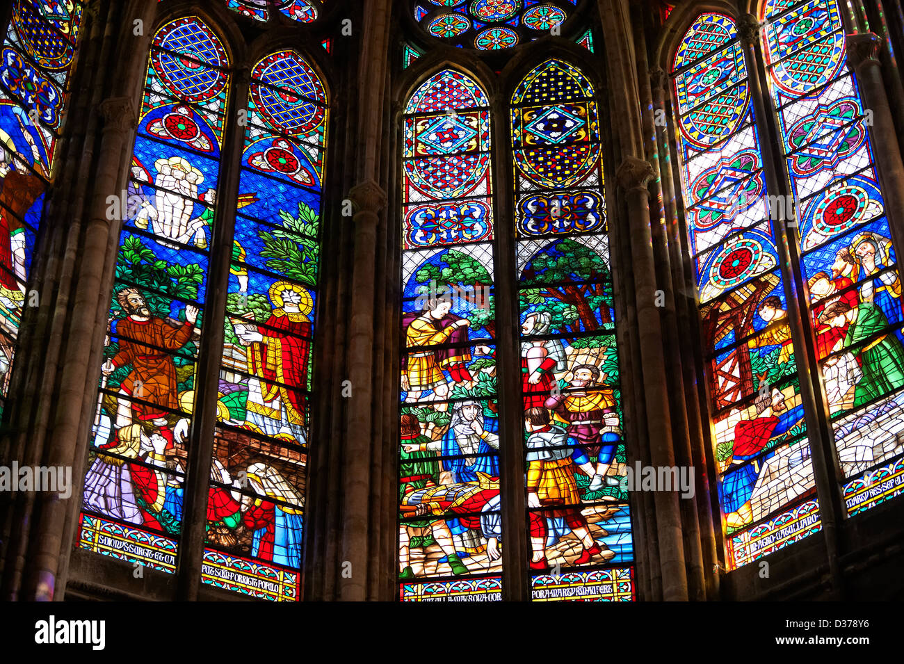 Medieval Gothic stained glass window showing scenes from the Martyrdom ...