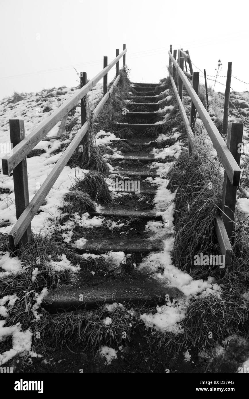 Snowy wooden steps leading to a public footpath along a marshy bank ...