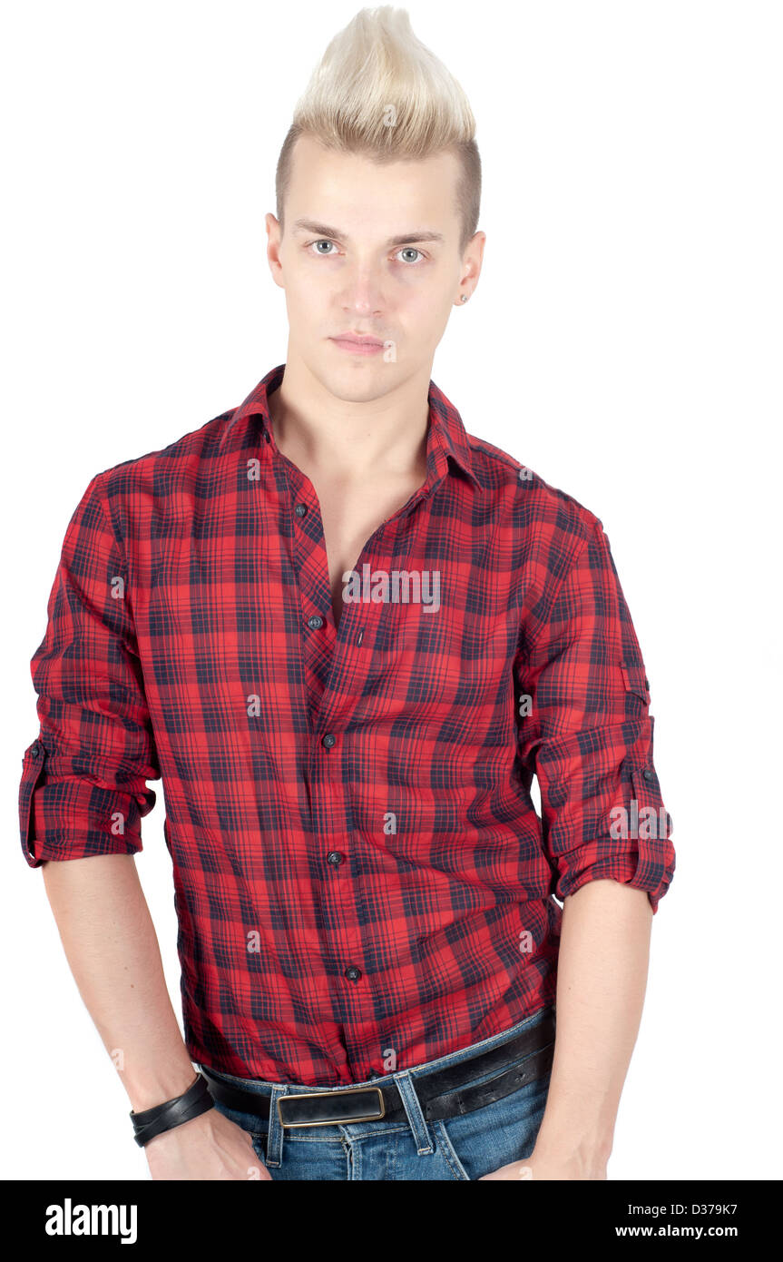 Portrait of handsome man in red shirt, studio shoot, isolated on white ...