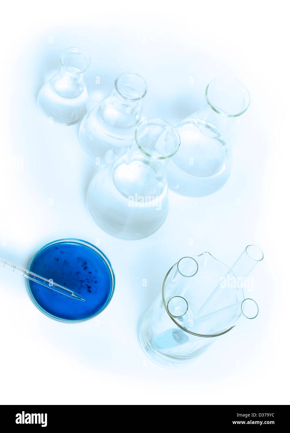 Laboratory glassware equipment. Laboratory beakers and blue liquid ...