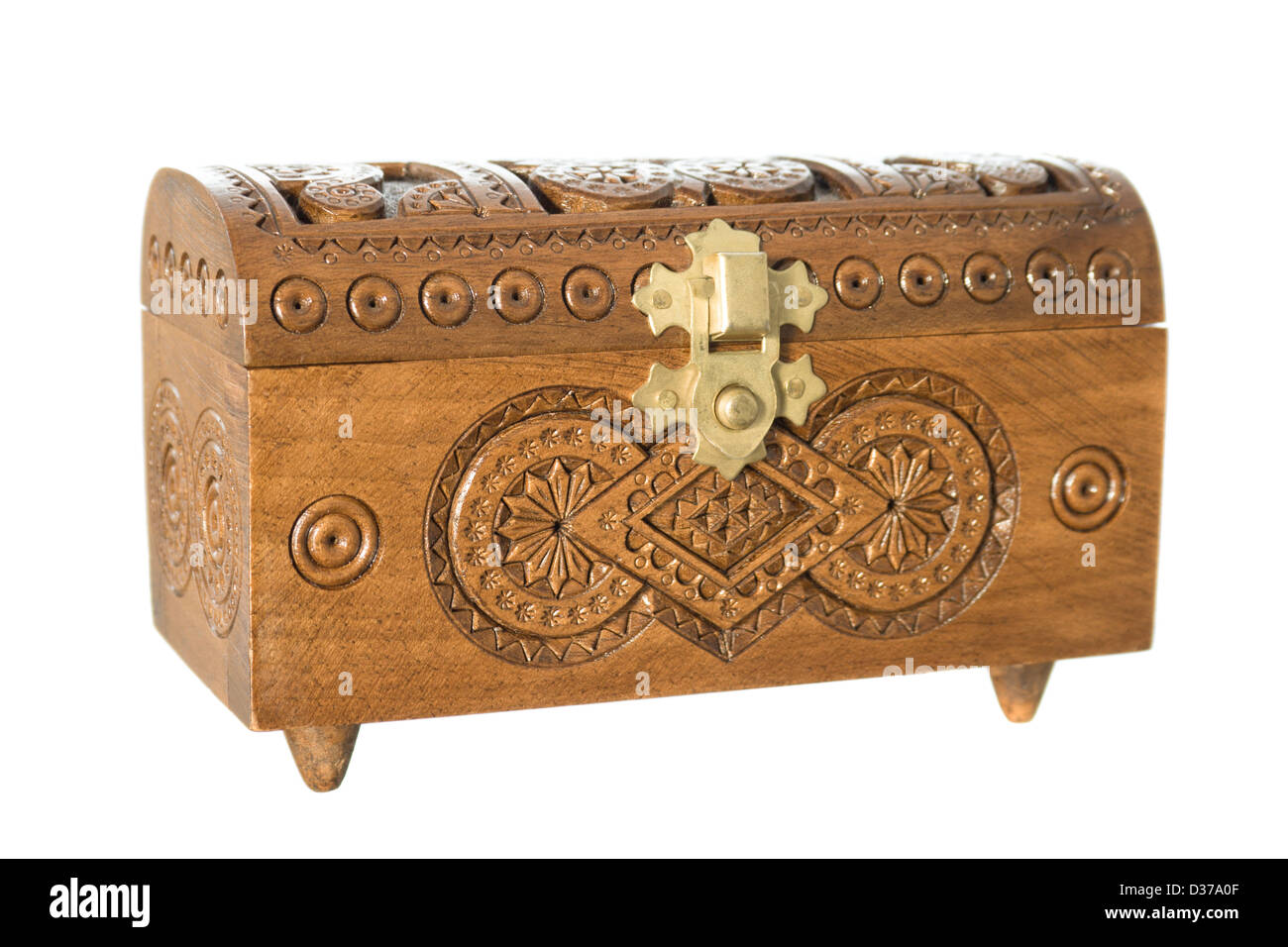Wooden casket decorated with carvings isolated on white background ...