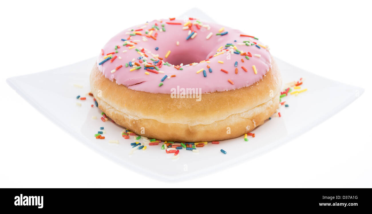 Pink Donut on a plate isolated on white background Stock Photo - Alamy