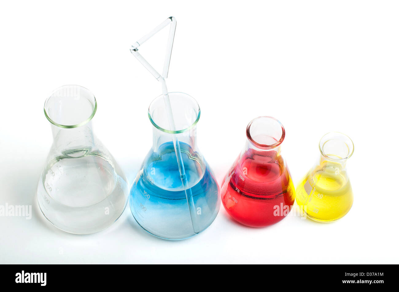 Laboratory equipment and color chemicals on white background Stock ...