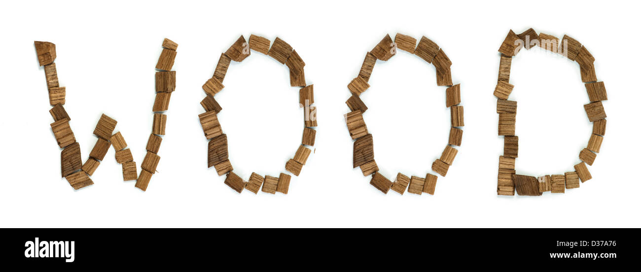 Word Wood of Wooden pieces of oak. White isolated Stock Photo - Alamy