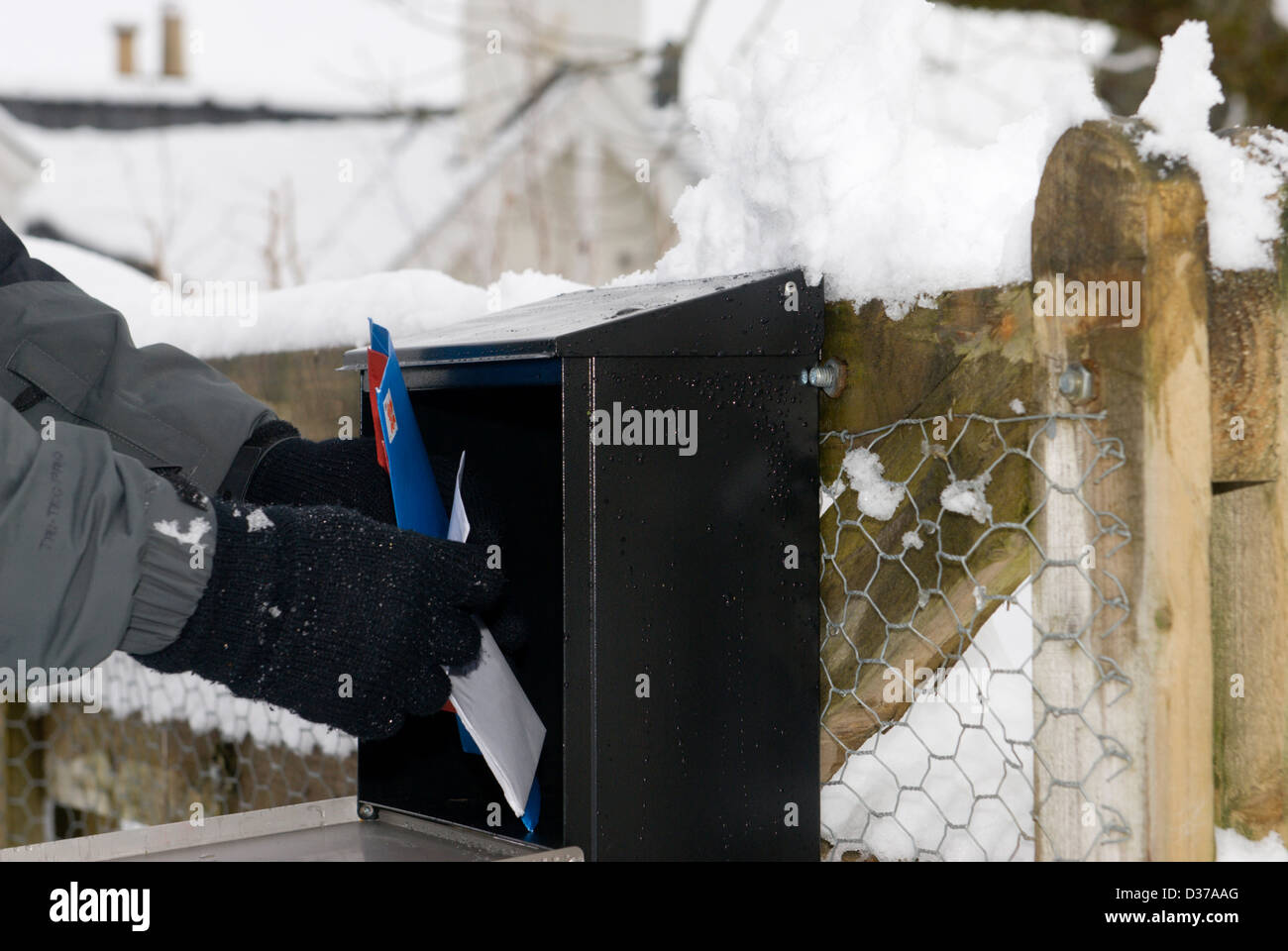 Taking post from a snow covered rural letter box in Aberdeenshire ...