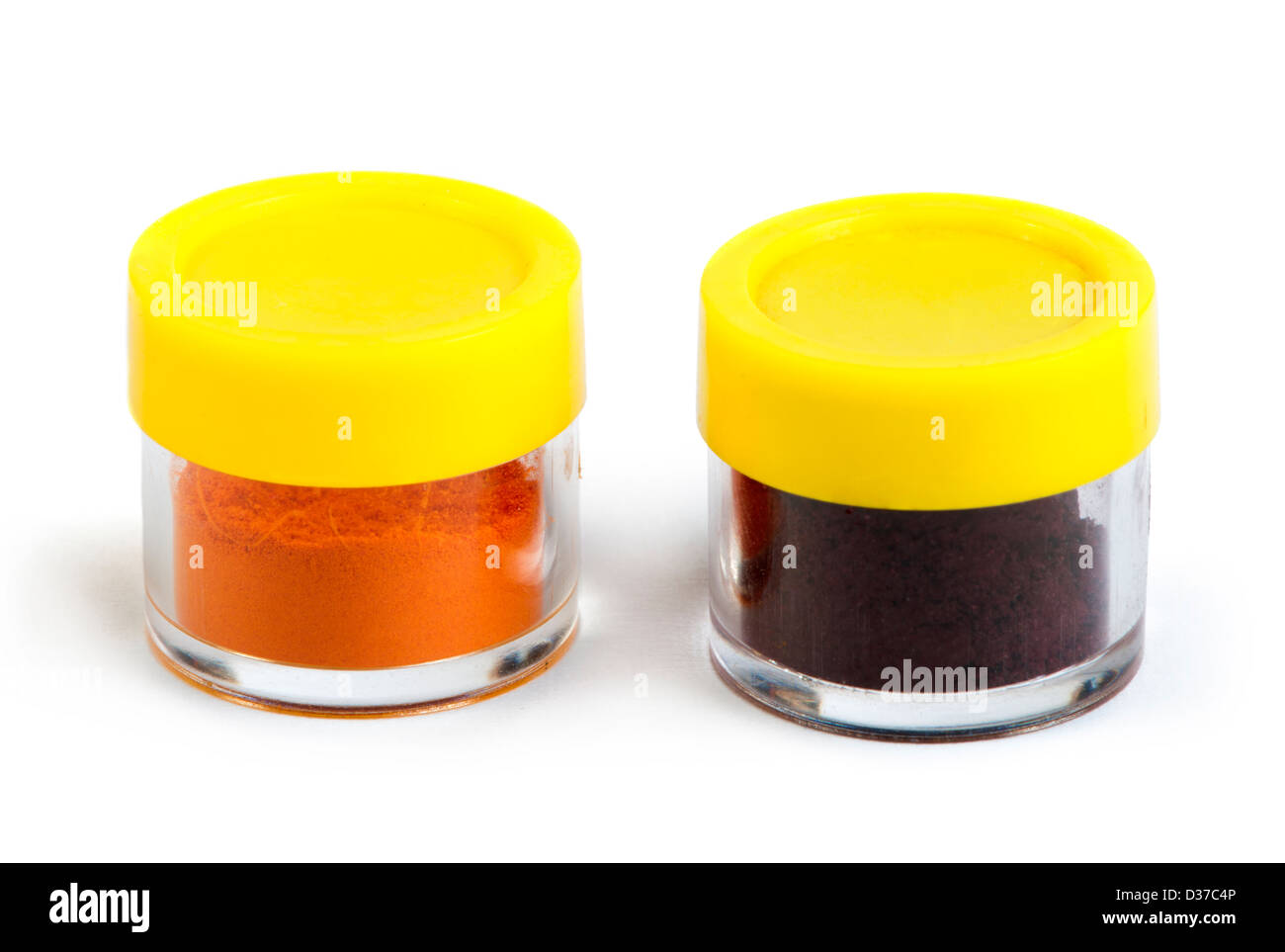 Artificial food coloring pigment or substances in pack.White isolated ...