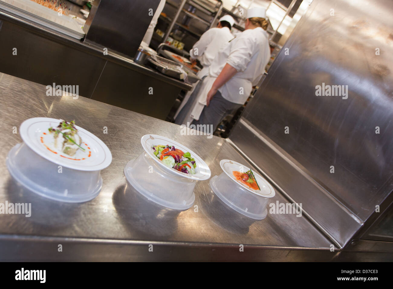 Food preparations. The Kitchen Galleys Queen Victoria. Cunard Stock ...