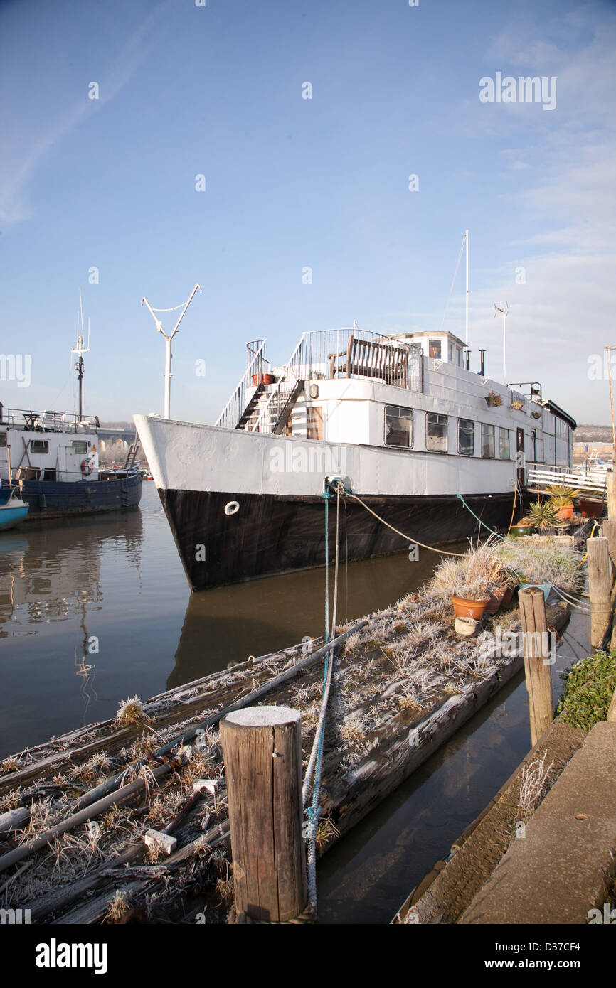 Frosty morning shot of The Sovereign boat hotel moored on the River ...