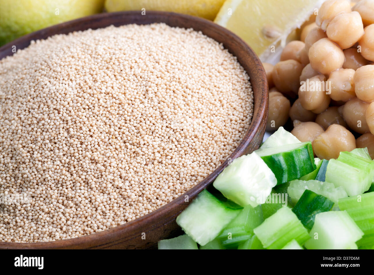 Healthy Amaranth grains with chopped cucumber and chick peas Stock ...