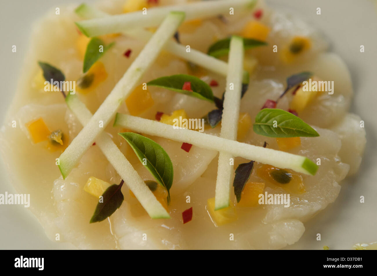 Scallop carpaccio with vanilla creme fraiche, roasted pineapple ...