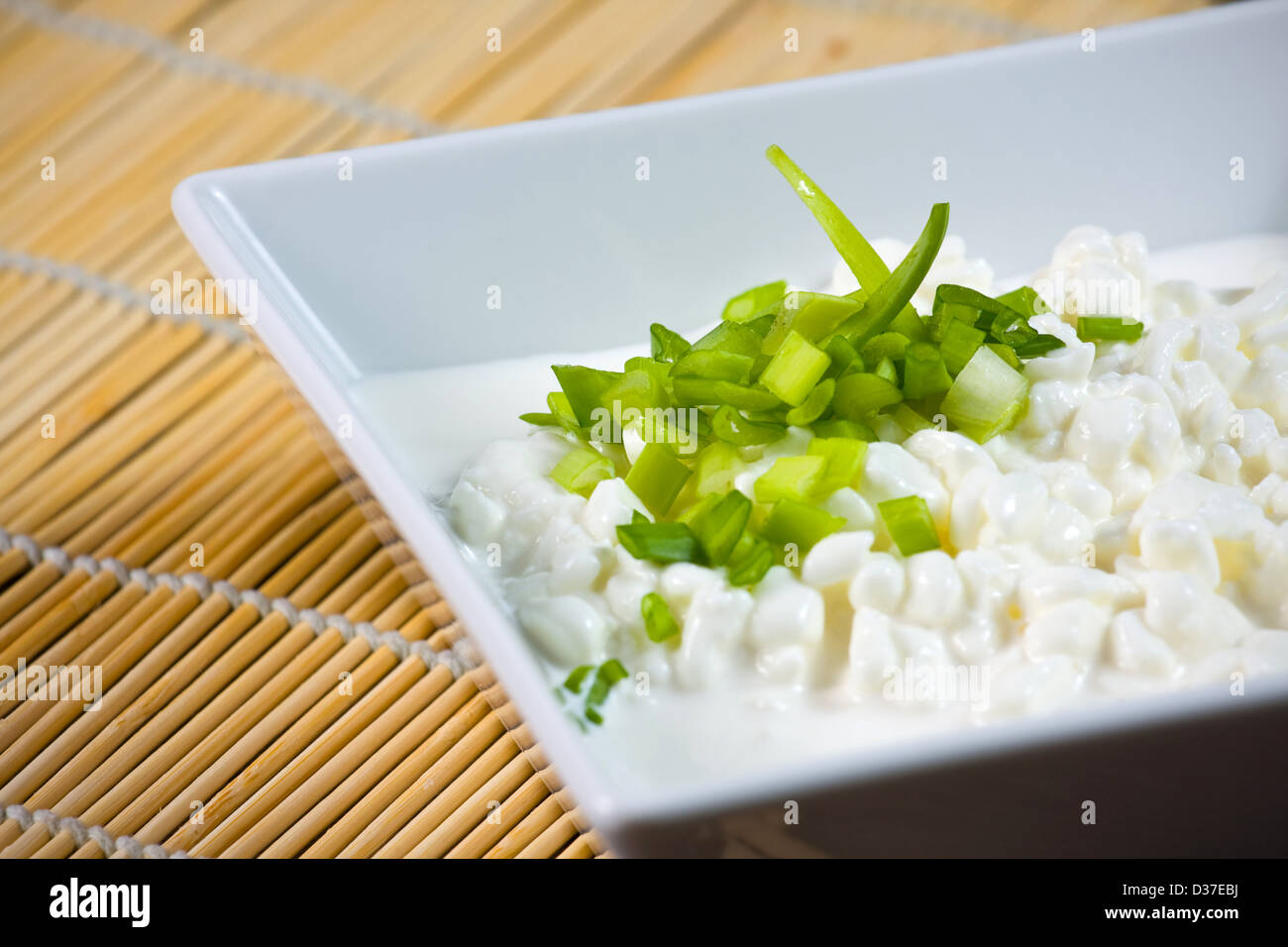 Bowl with fresh cottage cheese and chives Stock Photo - Alamy