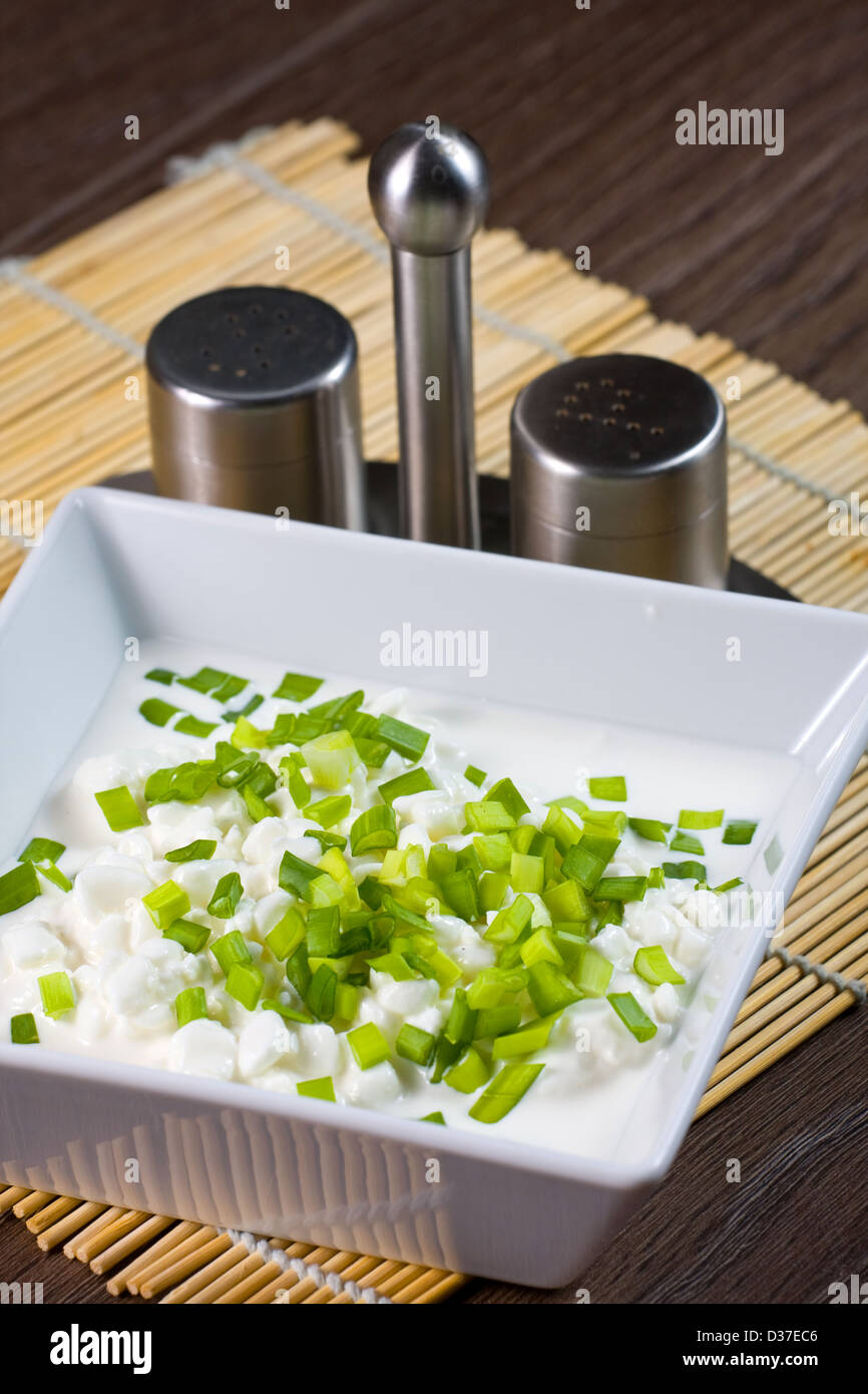 Bowl with fresh cottage cheese and chives Stock Photo - Alamy