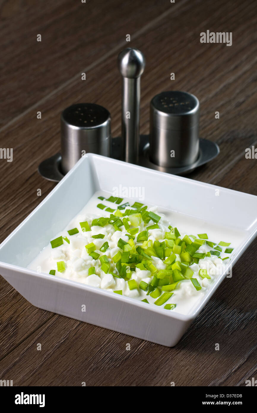 Bowl with fresh cottage cheese and chives Stock Photo - Alamy