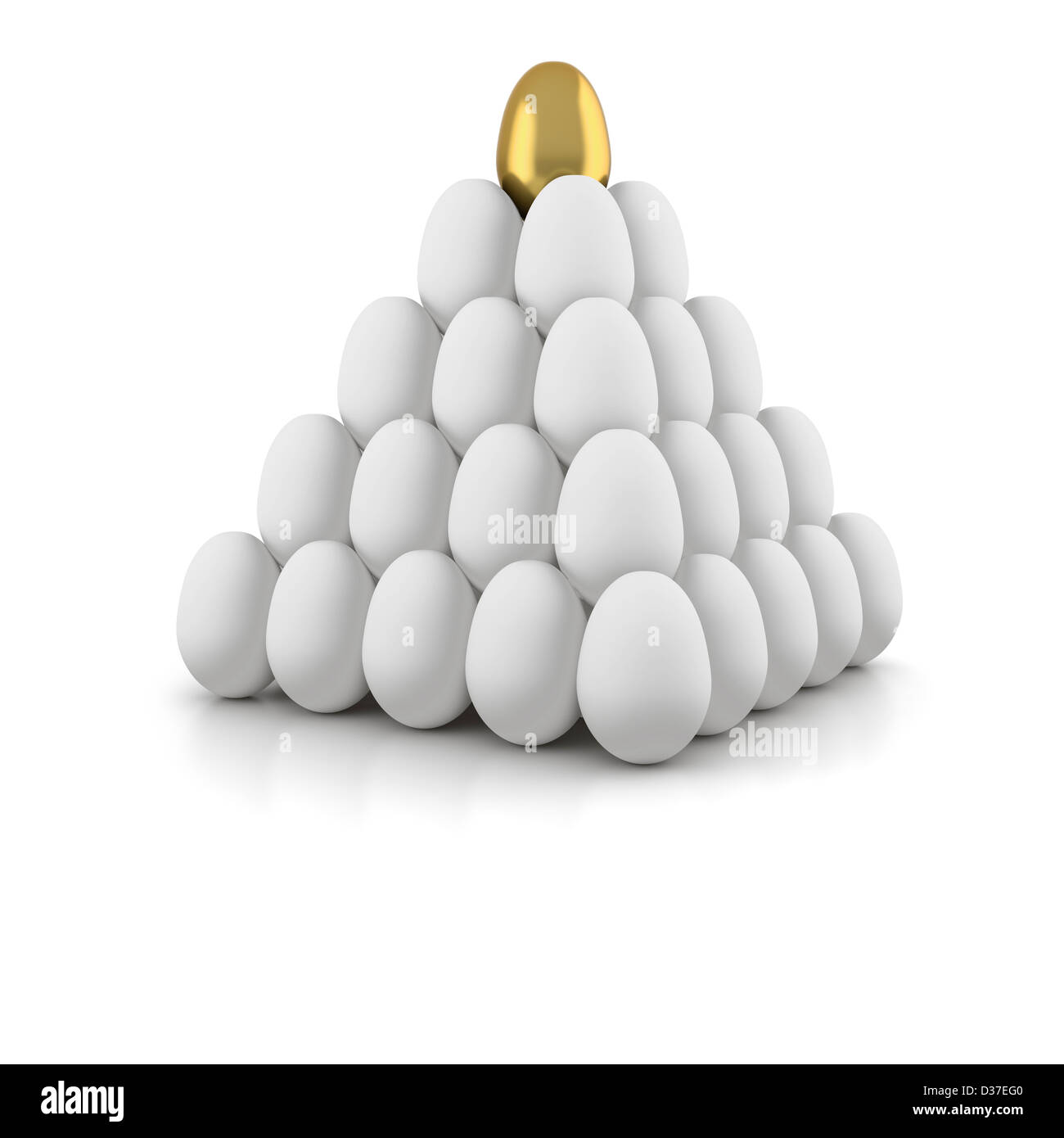 Pyramid of white eggs with golden egg on top on white background Stock ...