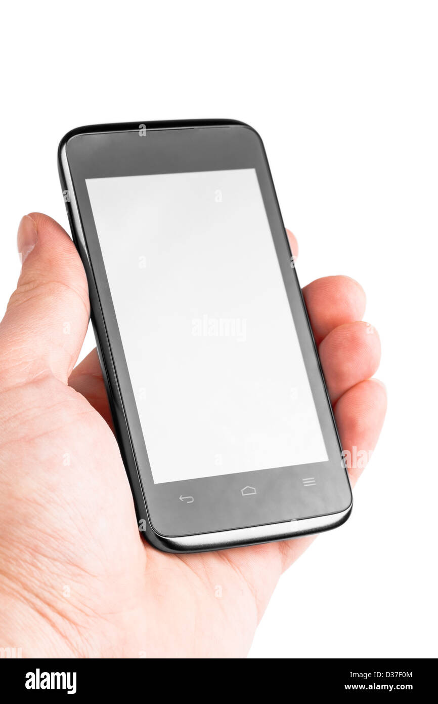 Modern mobile phone in hand isolated on white background Stock Photo ...