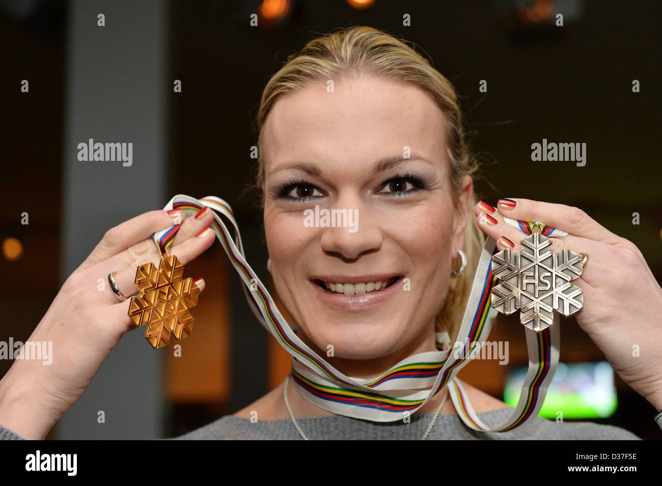 Maria Höfl-Riesch with her medals. Photo: Frank May Stock Photo - Alamy
