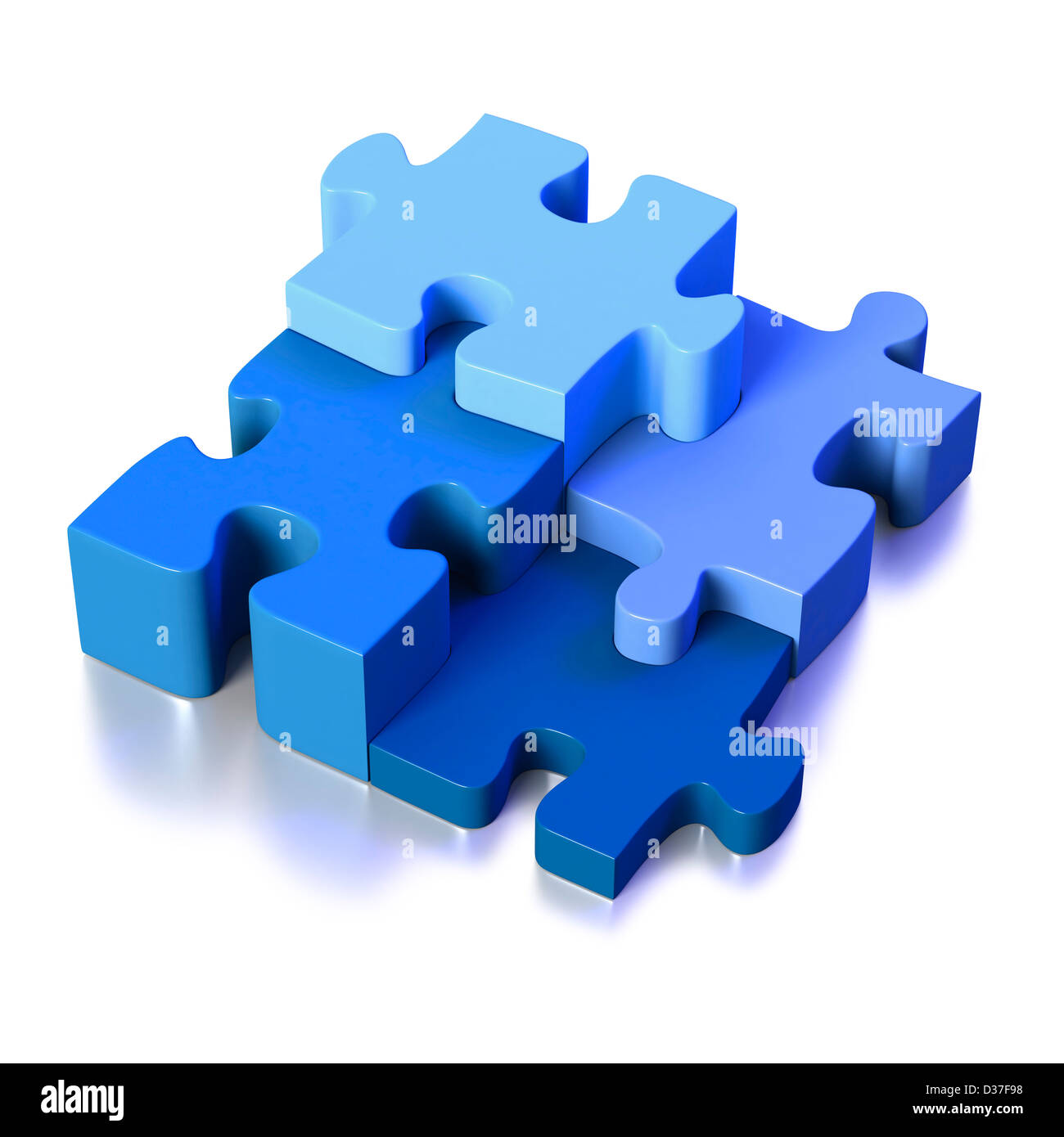 Four blue puzzle pieces linking on white background Stock Photo - Alamy