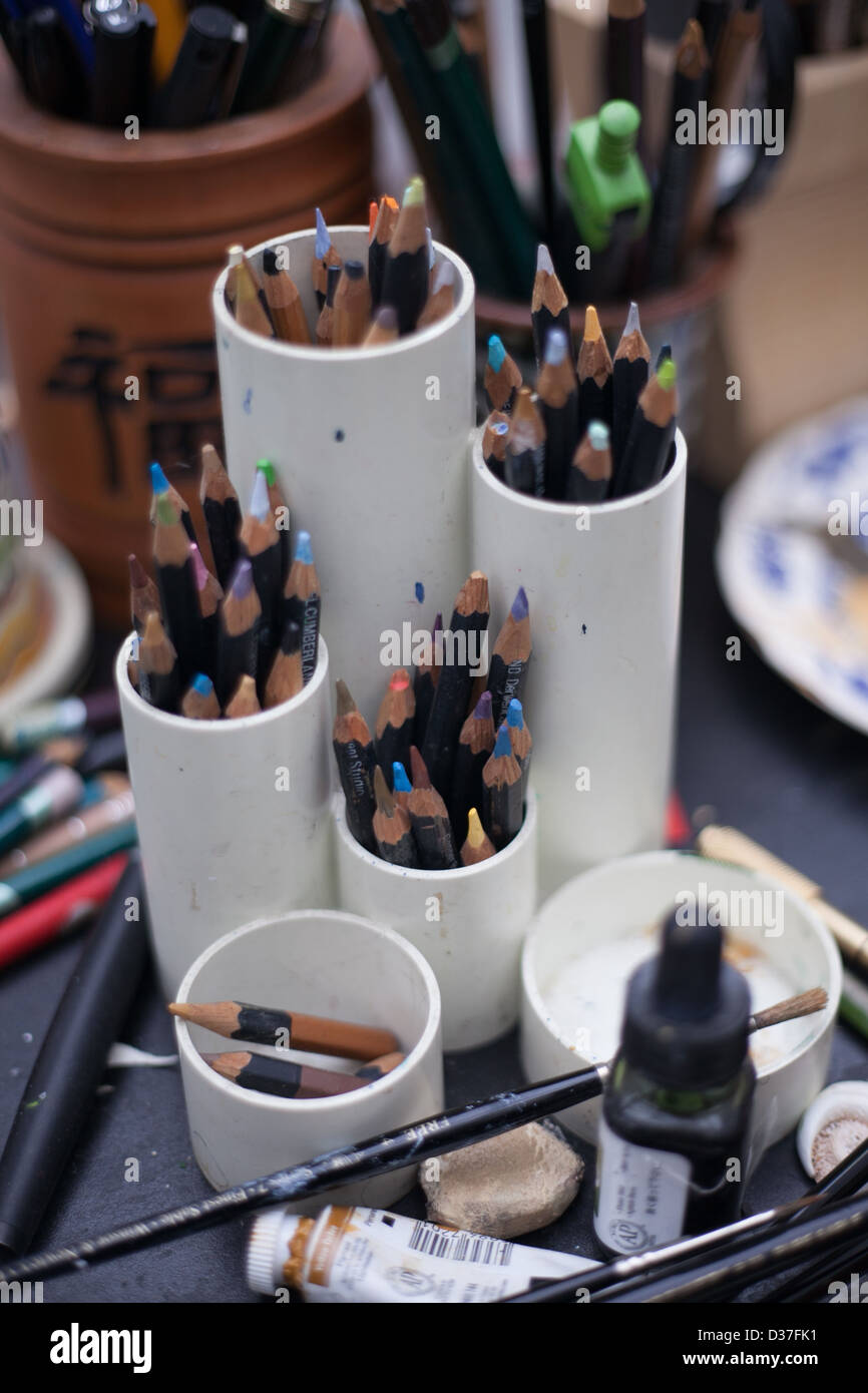 Artist paint and pencil box Stock Photo - Alamy