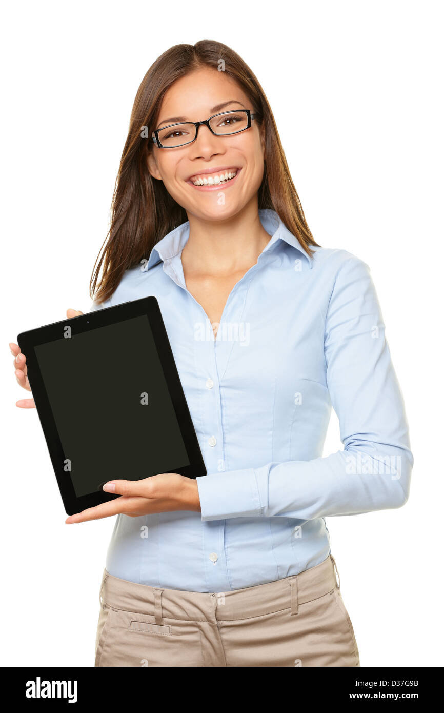 Portrait of beautiful young businesswoman wearing glasses showing ...