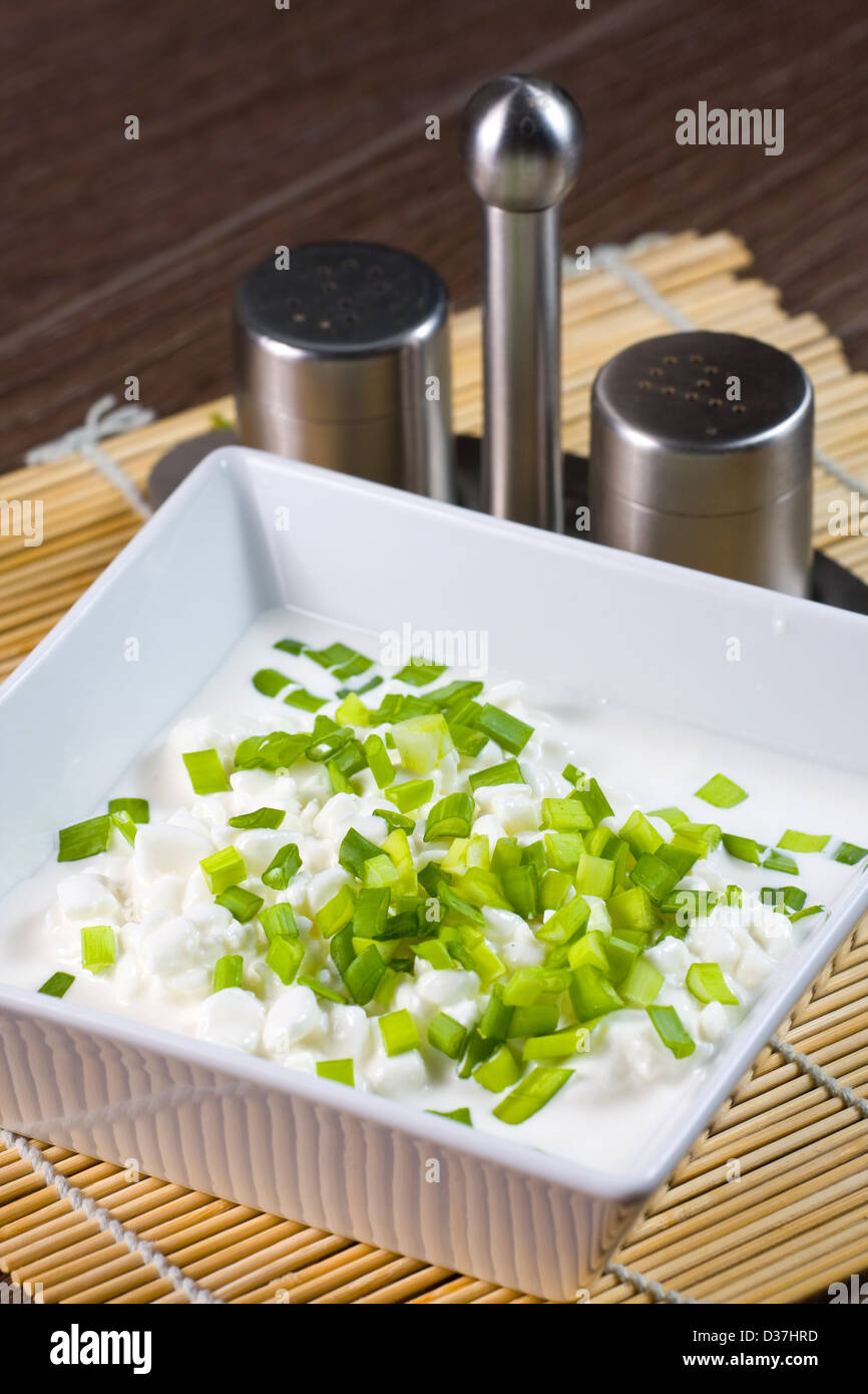 Bowl with fresh cottage cheese and chives Stock Photo - Alamy