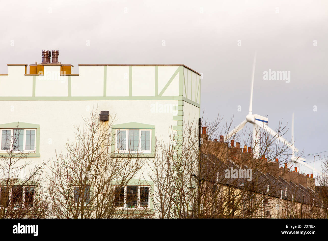 Wind turbines behind terraced housing in Siddick near workington ...