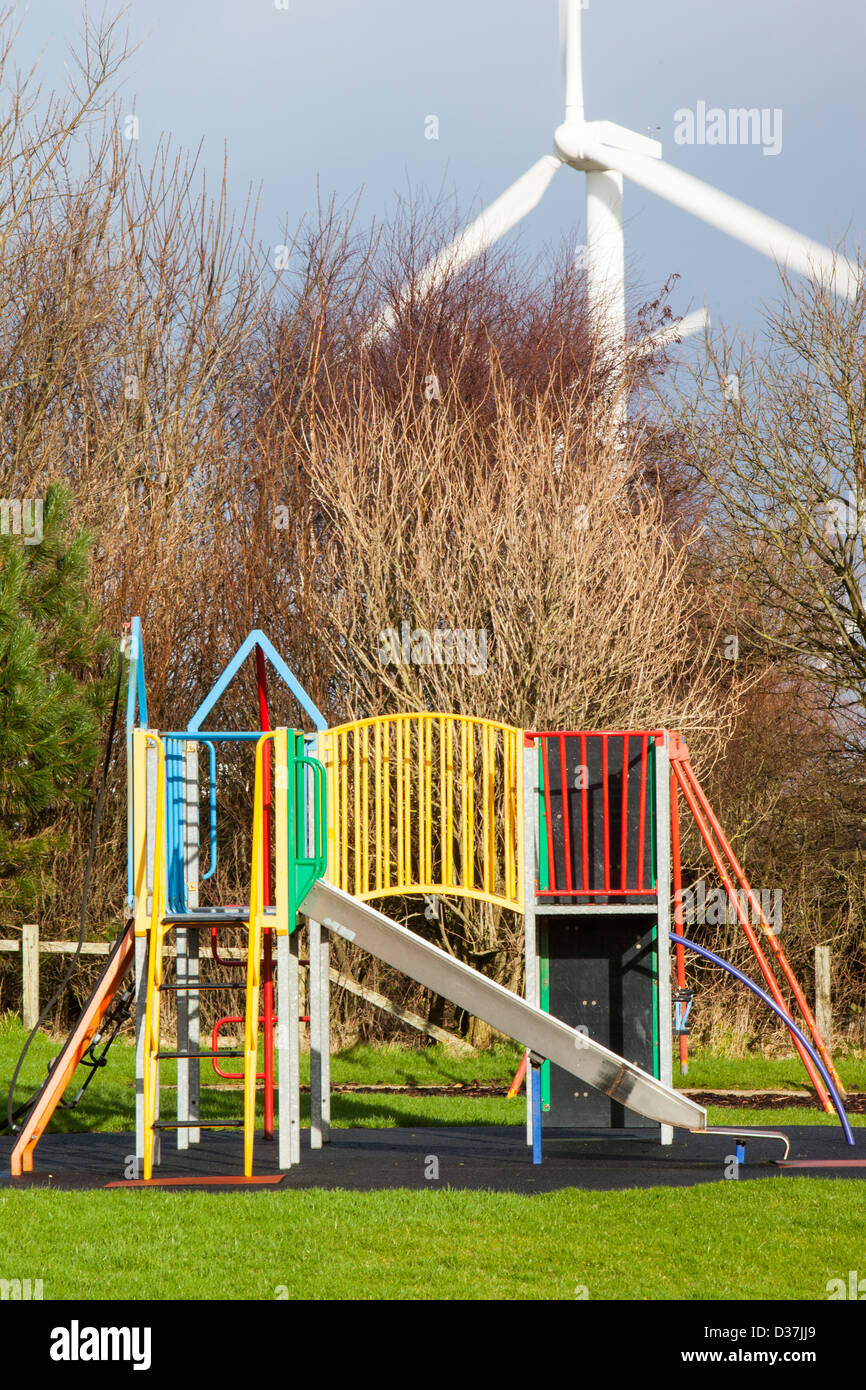 Wind turbines and a childs playground in Siddick near Workington ...