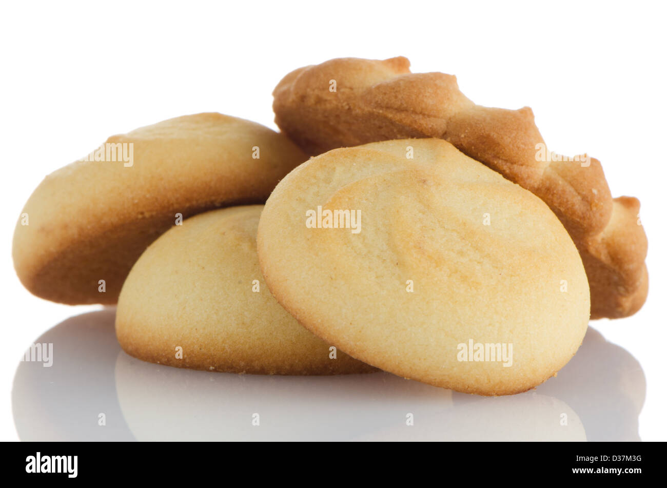 Closeup detail of delicious butter cookies on white reflective ...