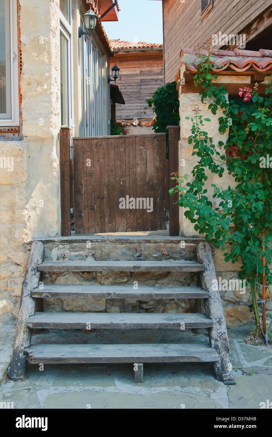 A staircase leads to the old gate into the yard. Nessebar. Bulgaria ...
