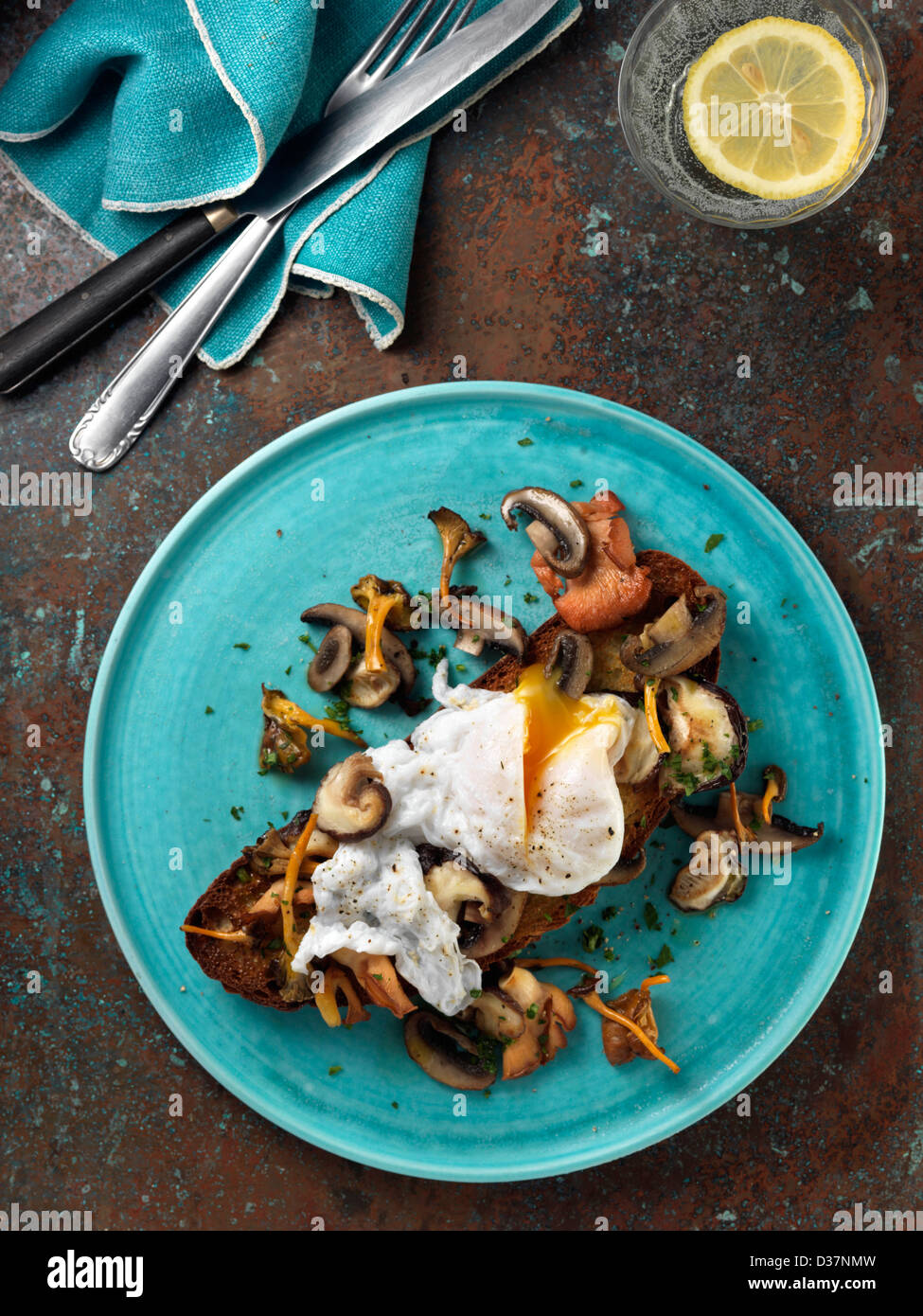 Poached duck egg on a bed of wild mushrooms on a slice of toasted San ...