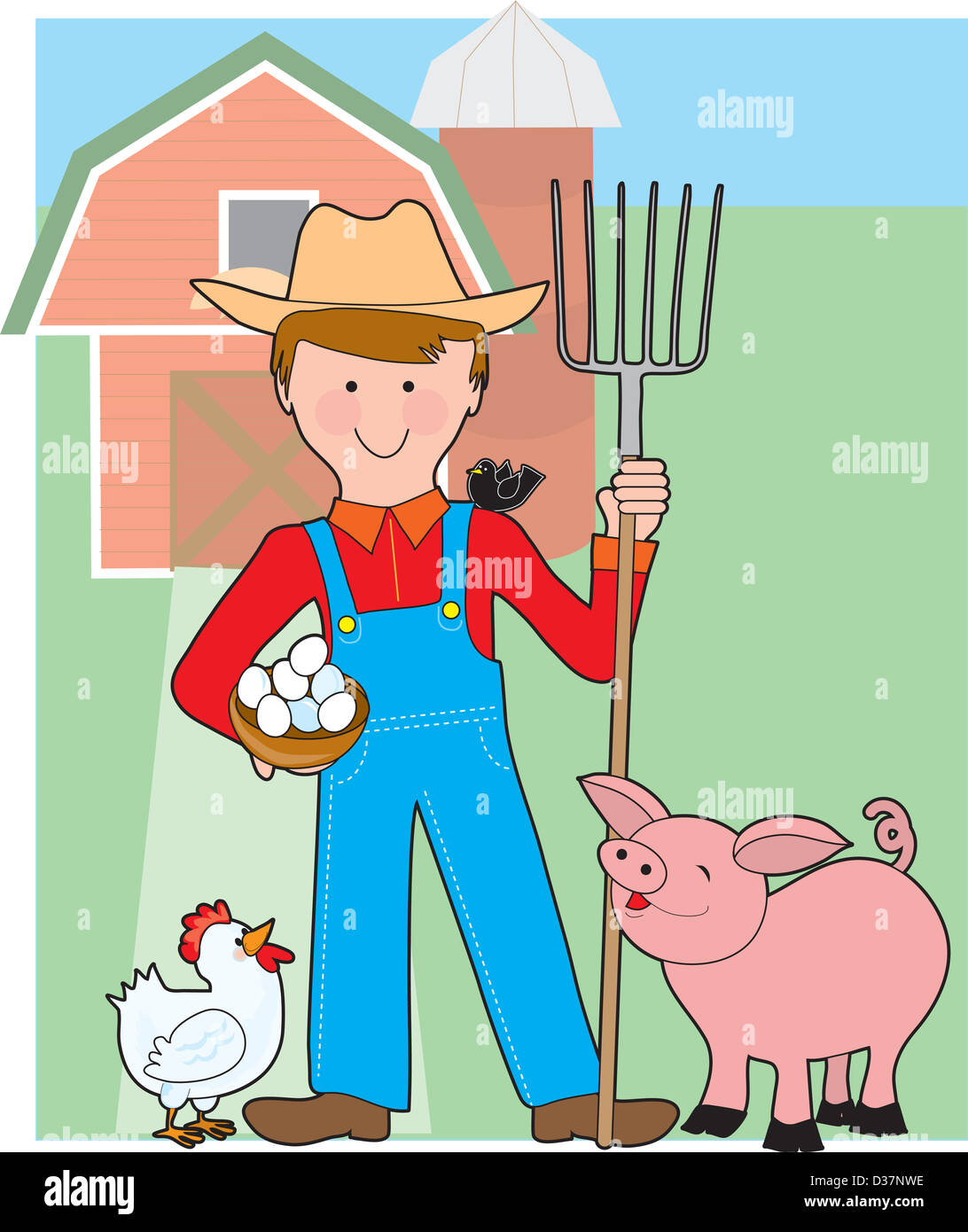 A smiling farmer stands in his barnyard with a pitch fork in his hand ...