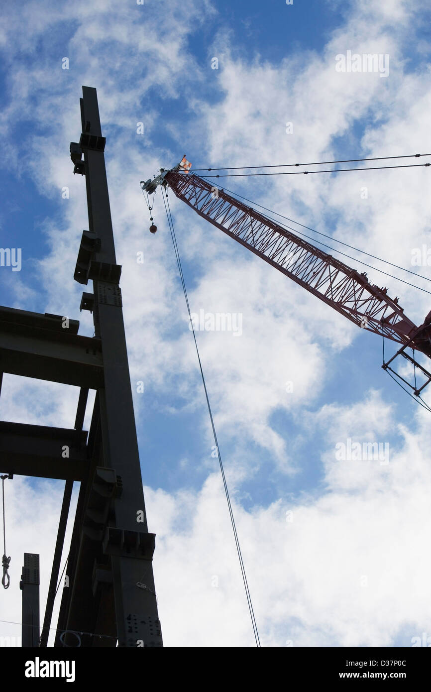 USA, New York State, New York City, Upward view of crane and ...