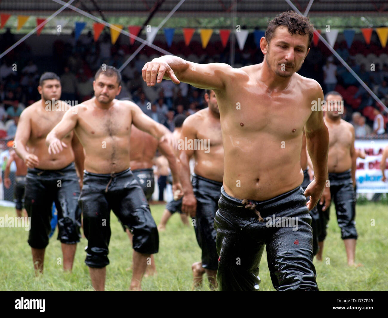 Turkish wrestlers at Kirkpinar oil wrestling festival in Edirne, Turkey ...