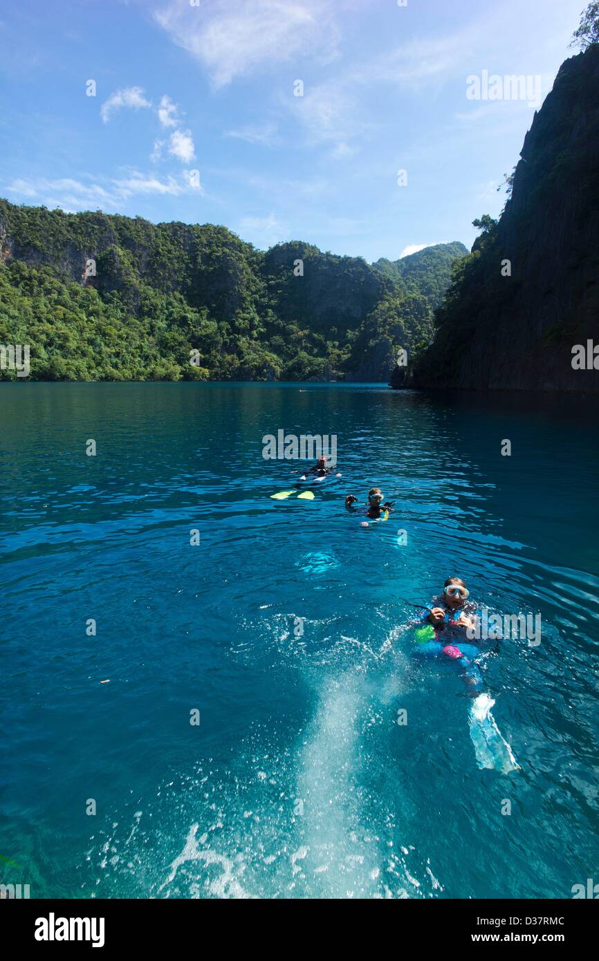 Divers at the Barracuda Lake, a tourist attraction for nature lovers ...